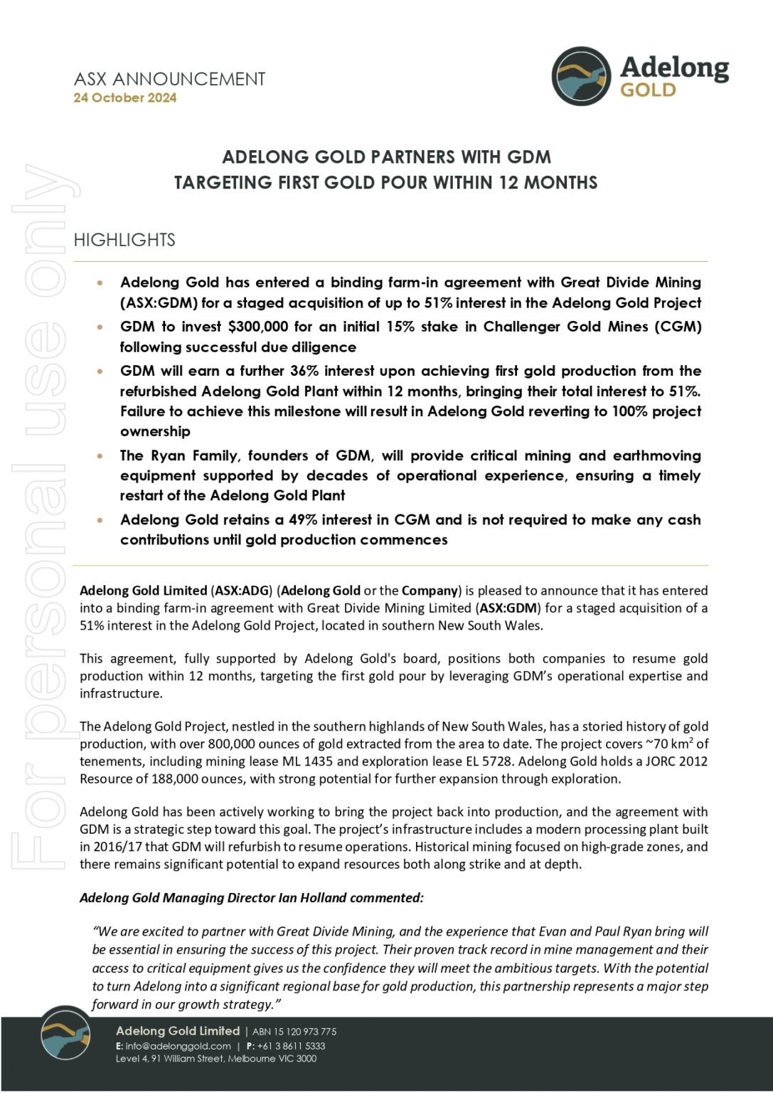 Adelong Partners With GDM Targeting Gold Pour In 12 Months - Great ...