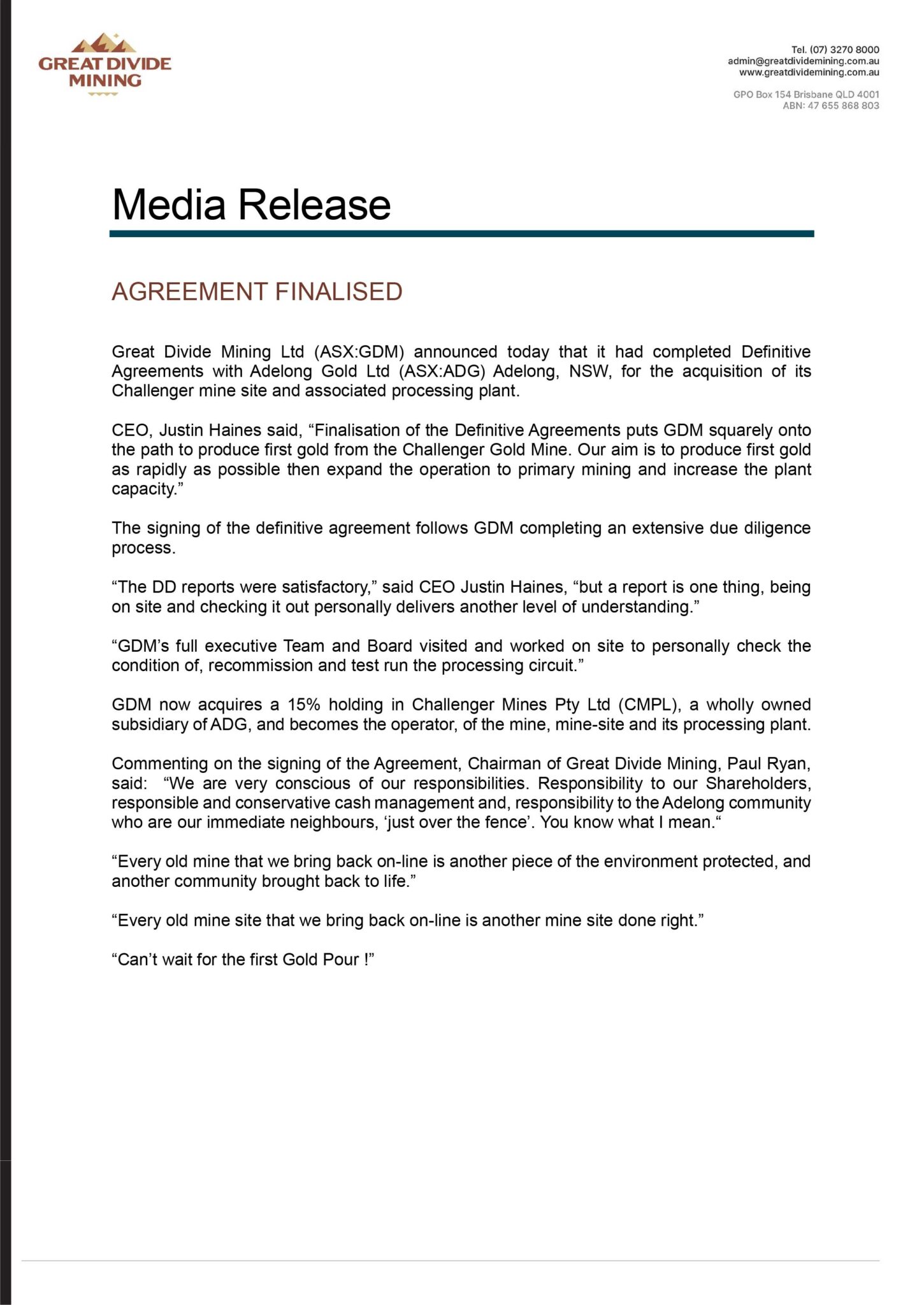 Gdm Agreement Finalised Great Divide Mining