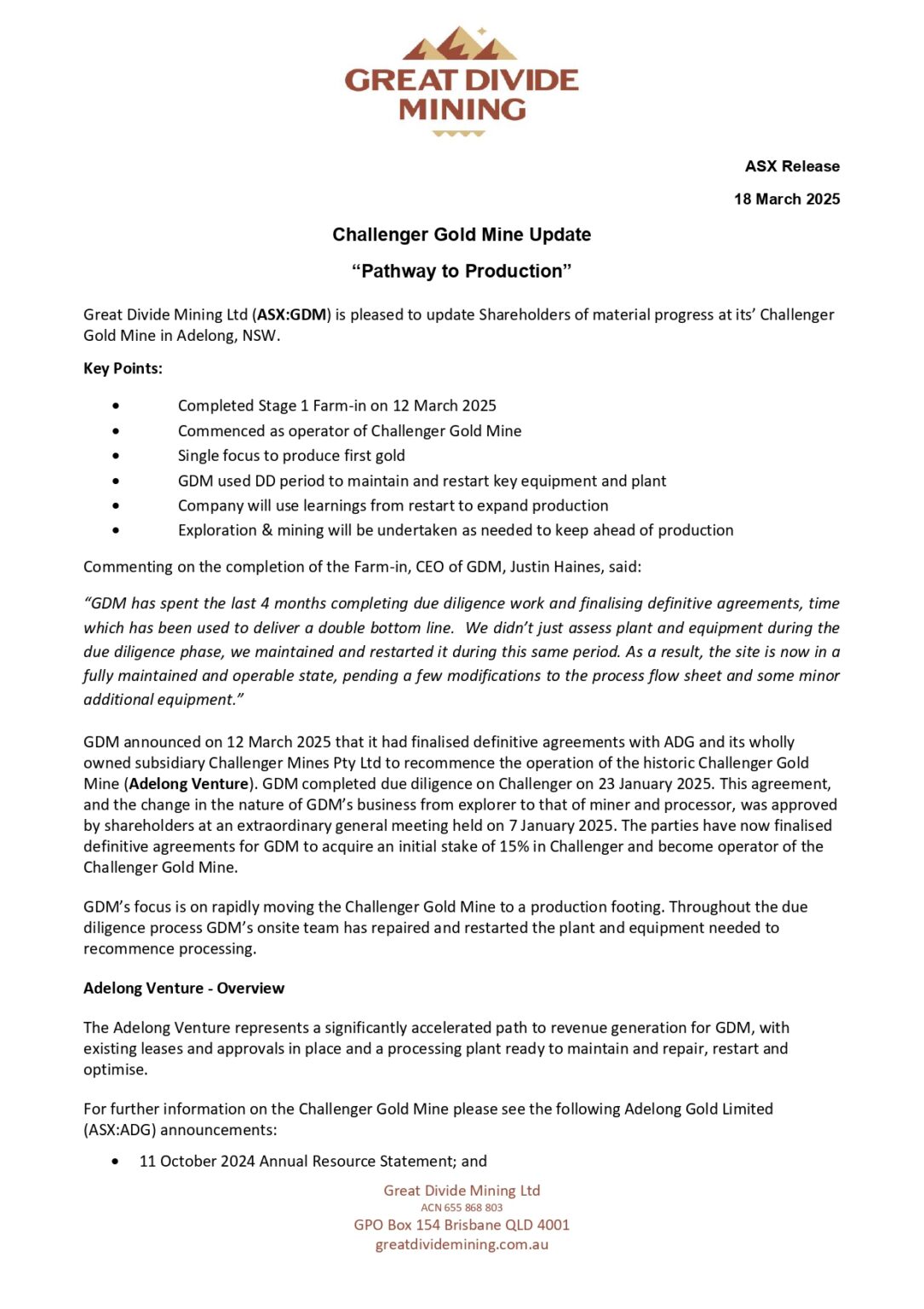 Challenger Gold Mine Update “Pathway to Production” - Great Divide Mining