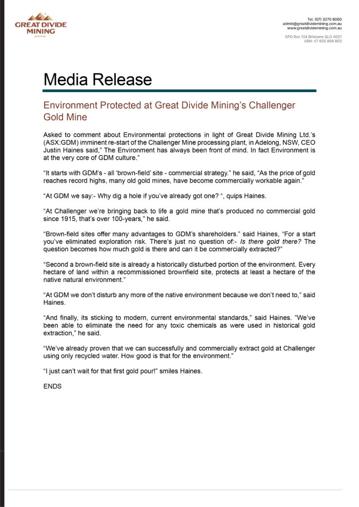 Environment Protected at Great Divide Mining’s Challenger Gold Mine ...