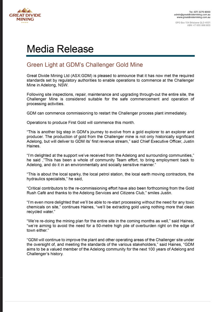 Green Light at GDM’s Challenger Gold Mine - Great Divide Mining