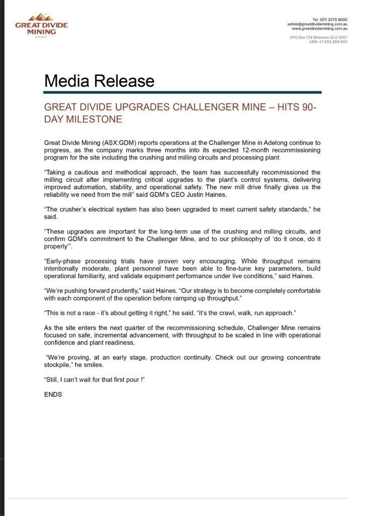 Great Divide Upgrades Challenger Mine – Hits 90-Day Milestone - Great ...