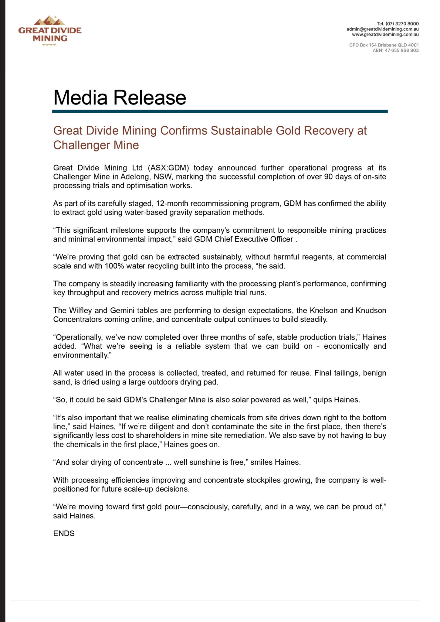 Great Divide Mining Confirms Sustainable Gold Recovery at Challenger ...