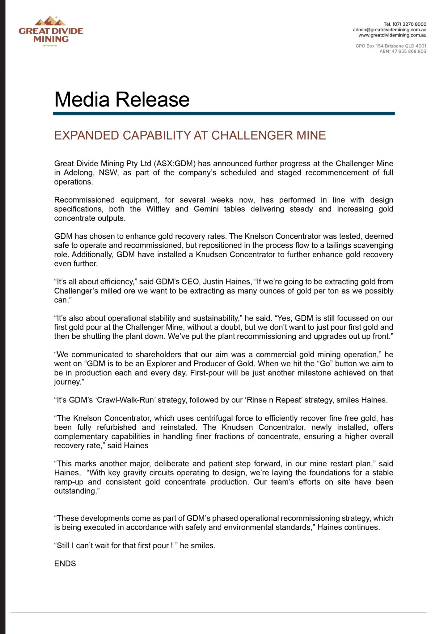 Expanded Capability at Challenger Mine - Great Divide Mining