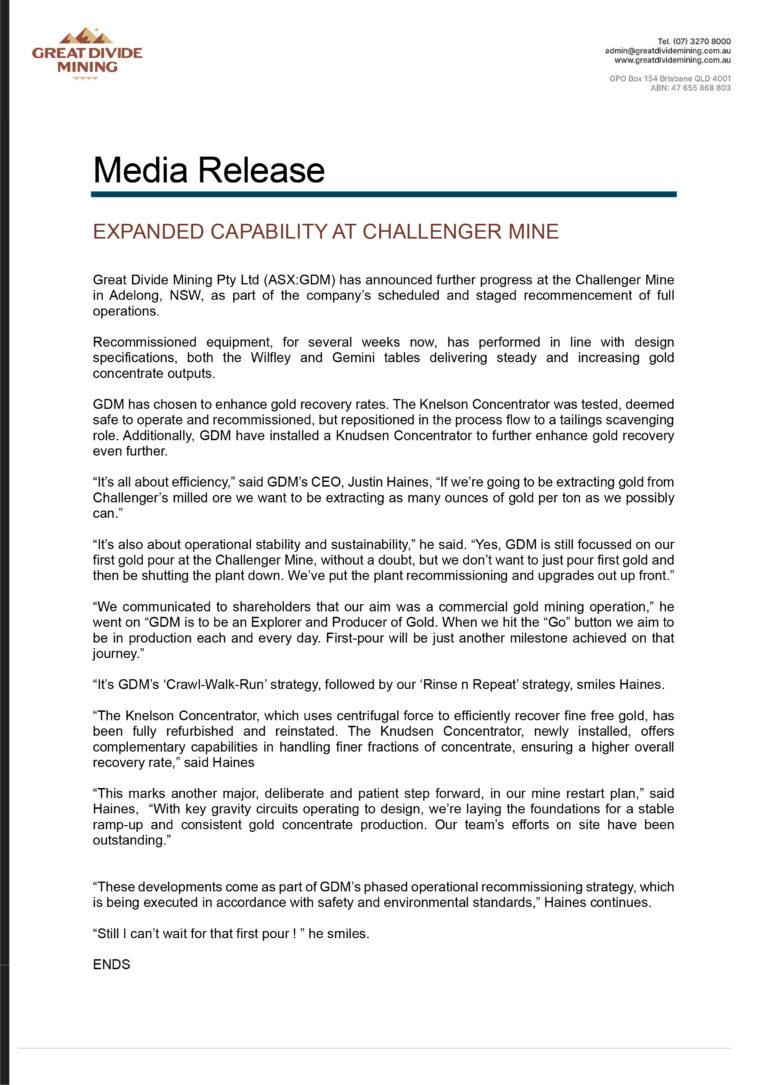 Expanded Capability at Challenger Mine - Great Divide Mining