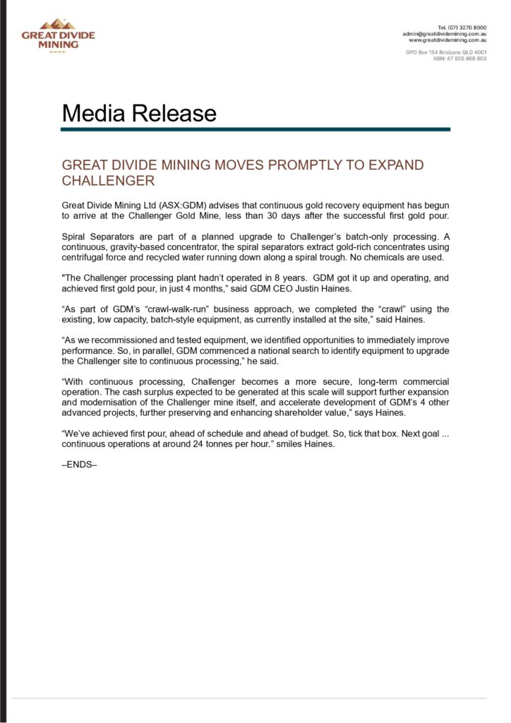 GDM Pours First Gold - Great Divide Mining