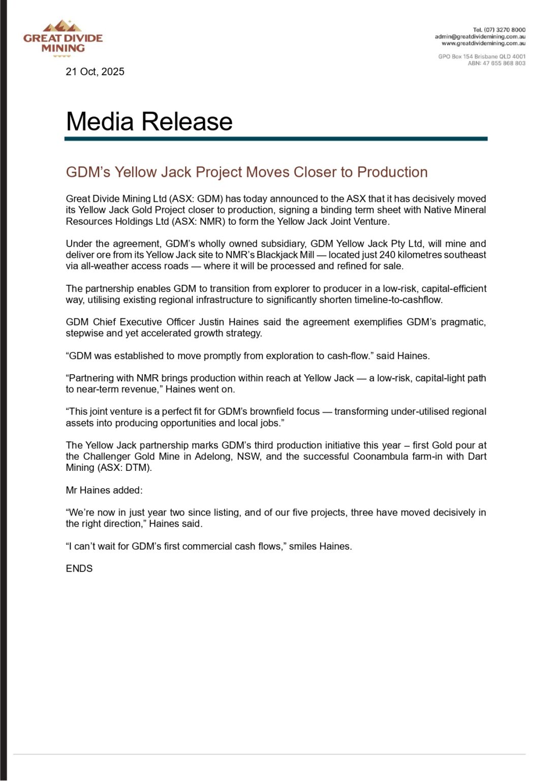 GDM’s Yellow Jack Project Moves Closer to Production - Great Divide Mining