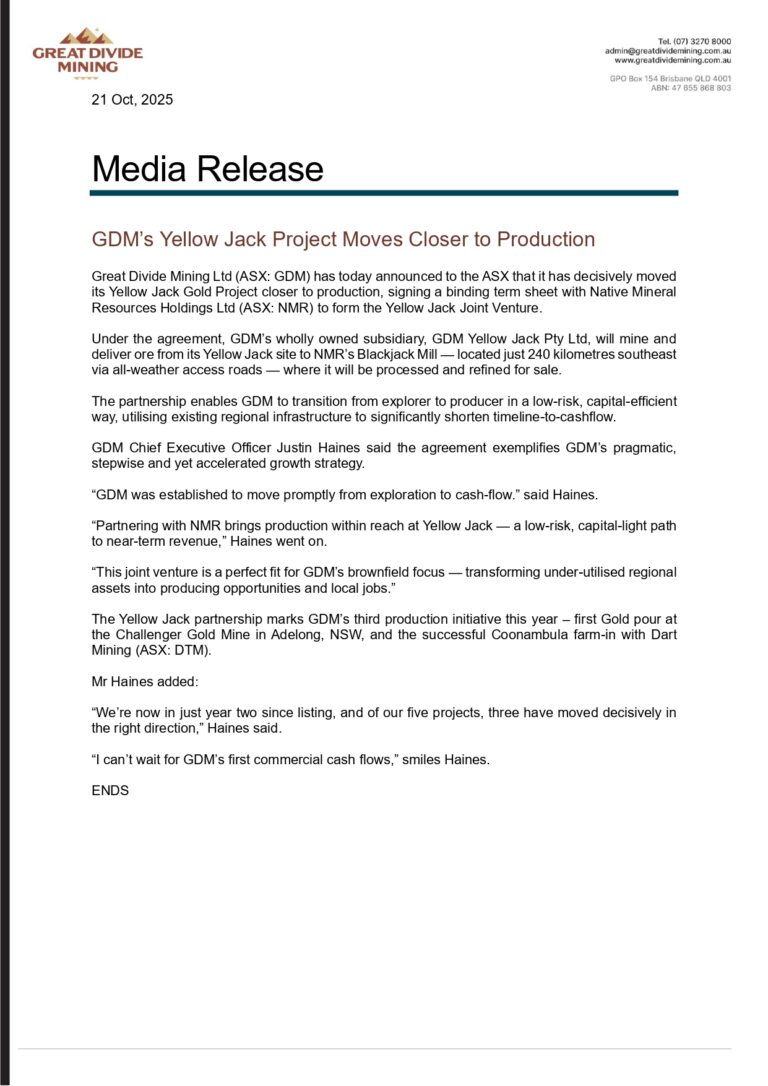 GDM’s Yellow Jack Project Moves Closer to Production - Great Divide Mining