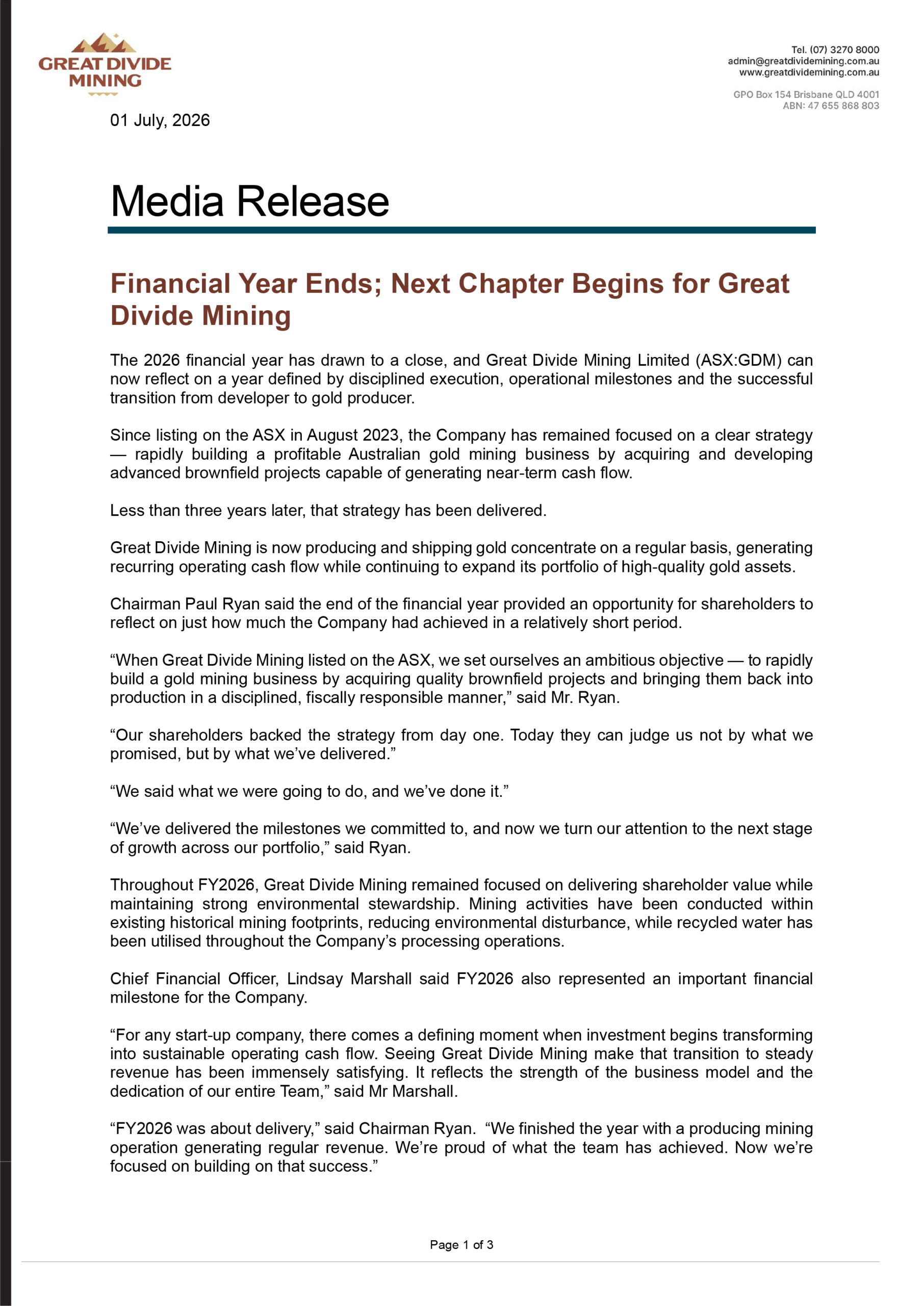 Financial Year Ends; Next Chapter Begins for Great Divide Mining ...